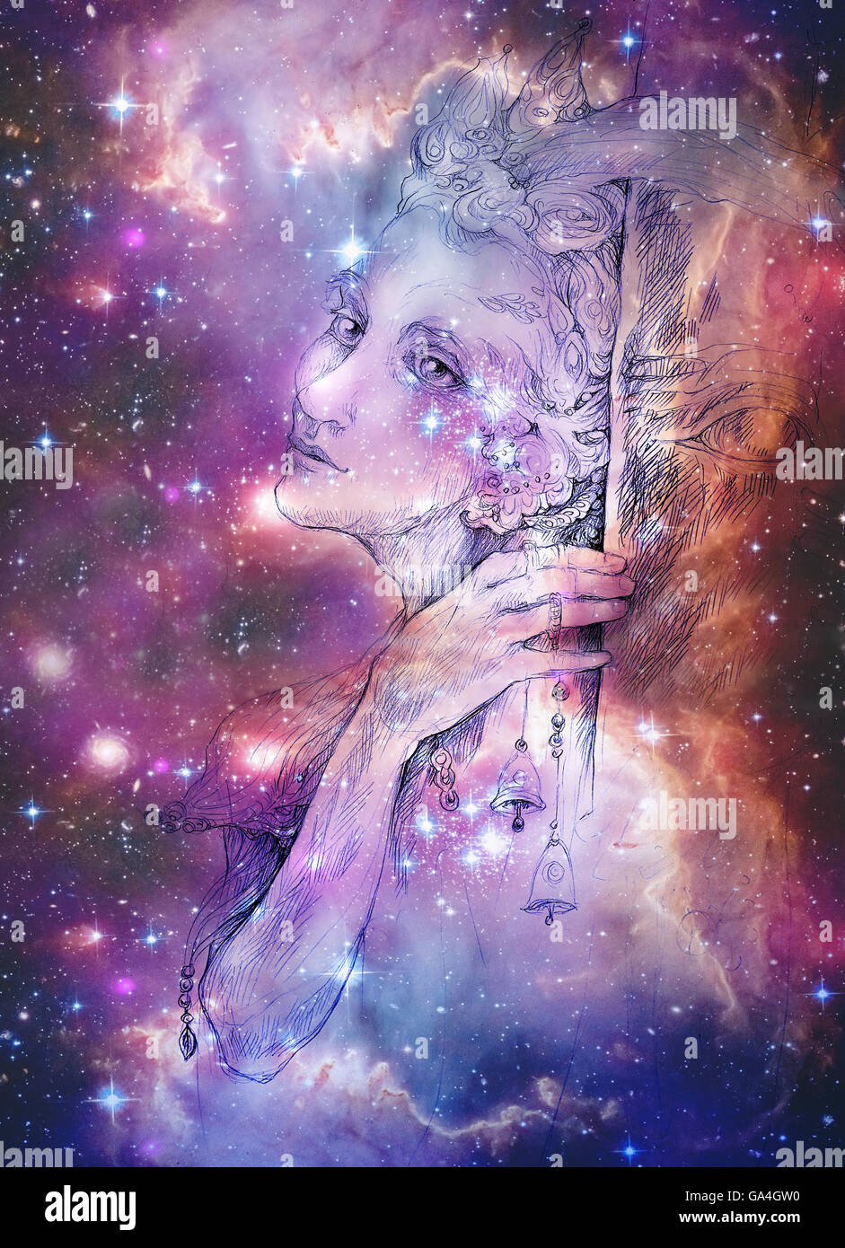 elven fairy creature with tinker bells and stars, multicolored drawing ...