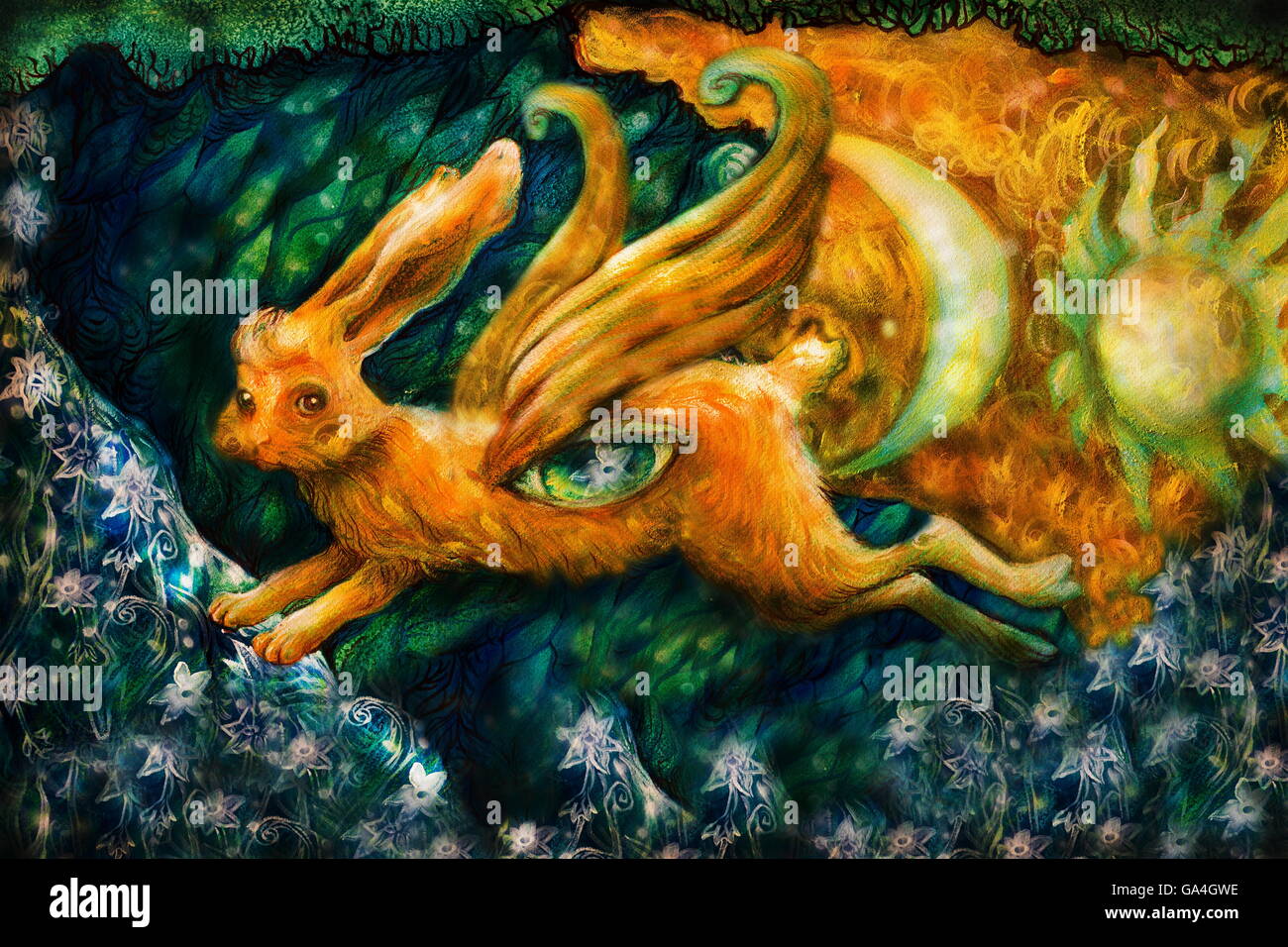 golden hare flying in enchanted realm, painting Stock Photo - Alamy