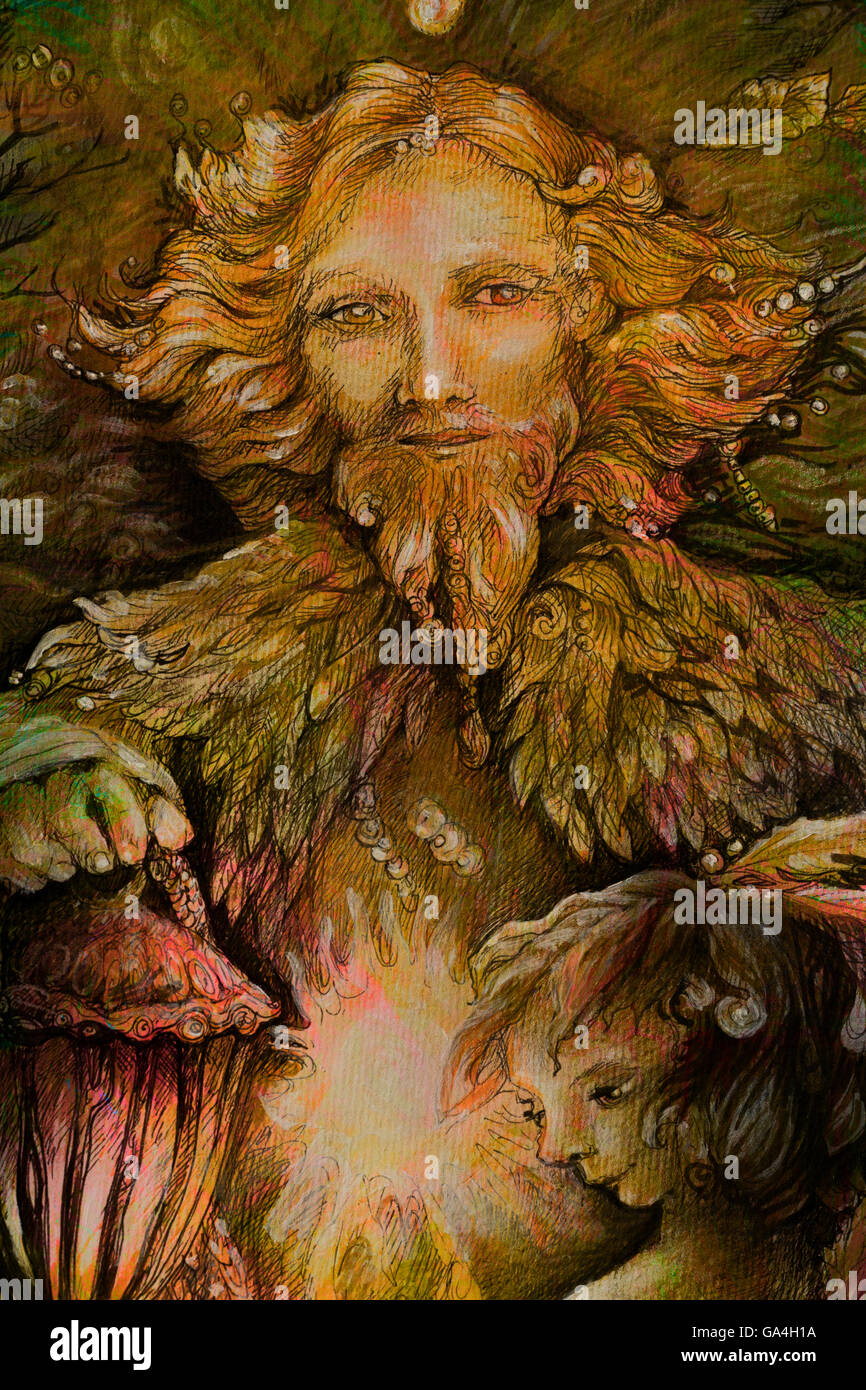 sunny dwarf forest quardian with lantern, fairy illustration Stock ...