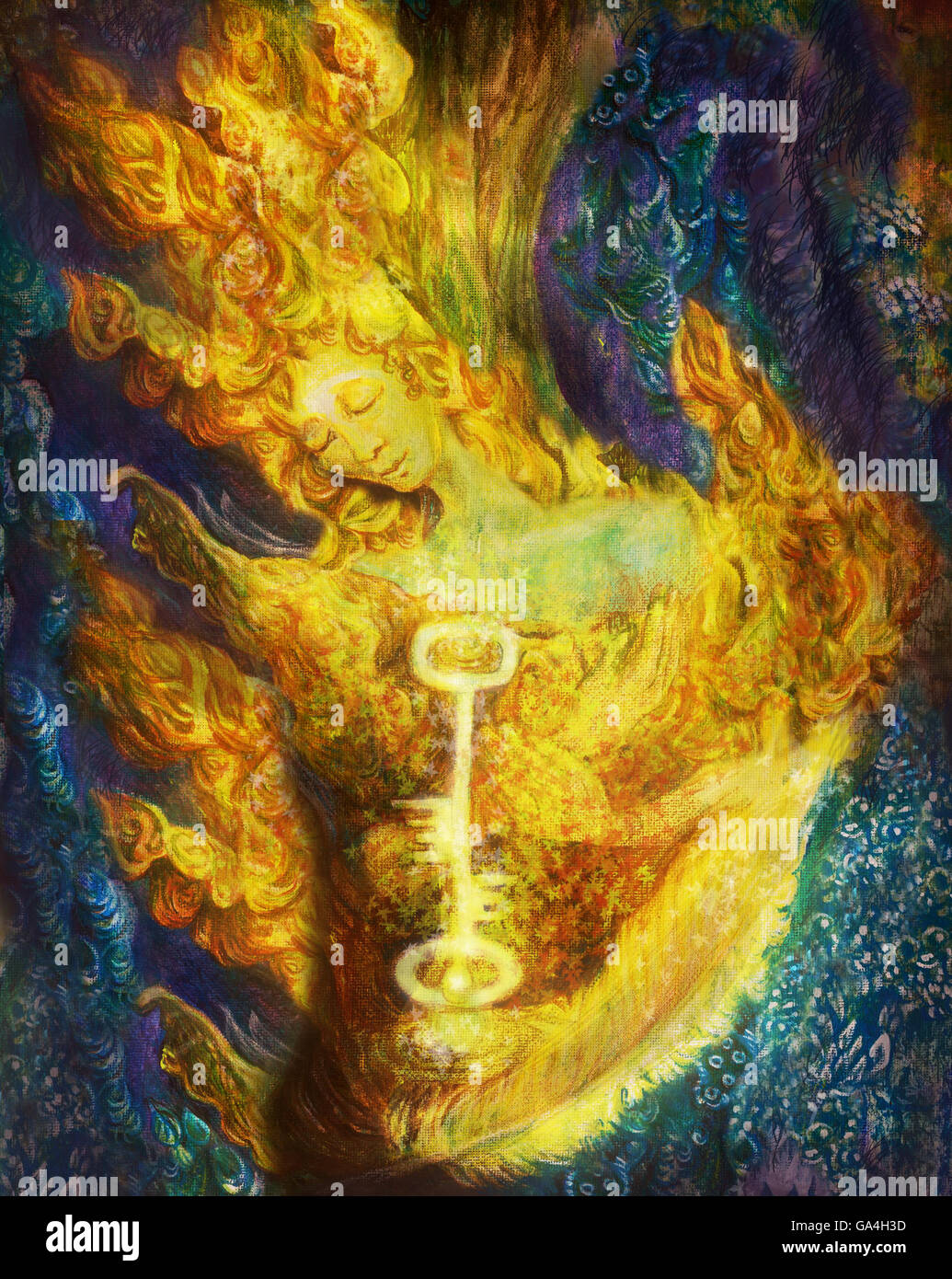 golden fire fairy guardian in forest, colorful painting Stock Photo - Alamy