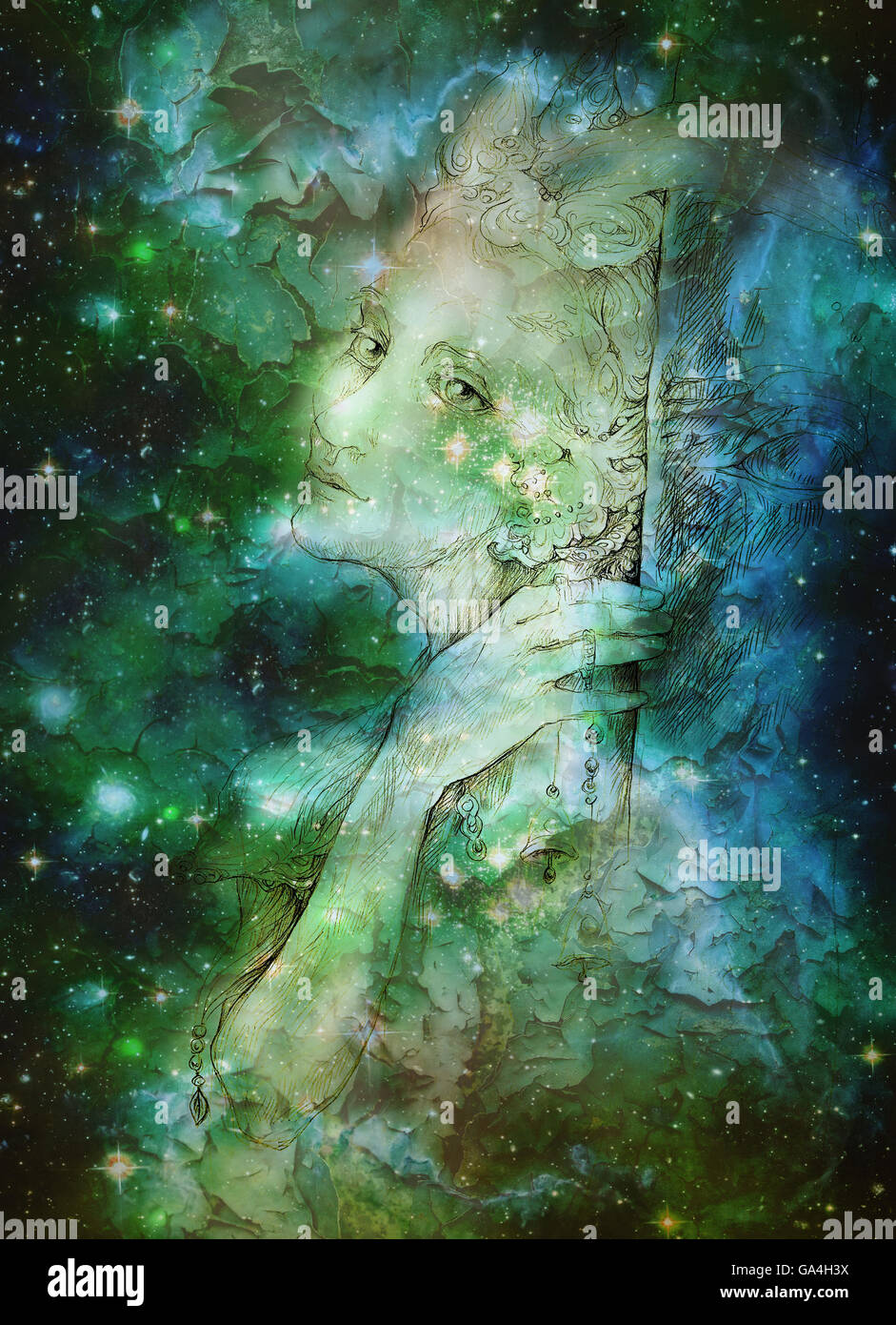 gentle elve spirit looking up at the starlitt sky, illustration Stock ...