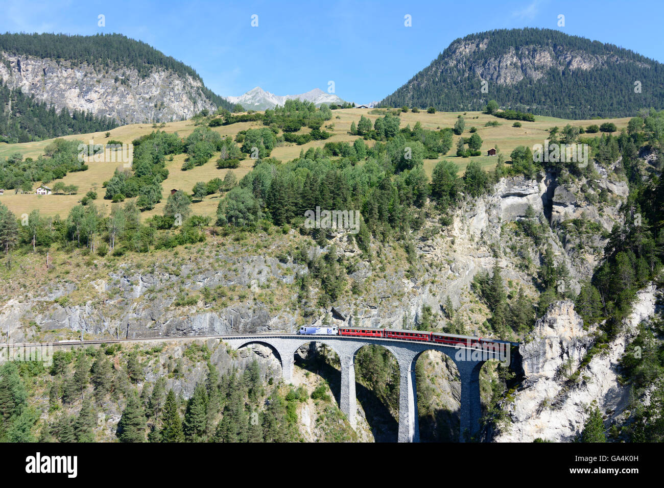 Filisur bridge Landwasserviadukt of the Albulabahn over stream ...