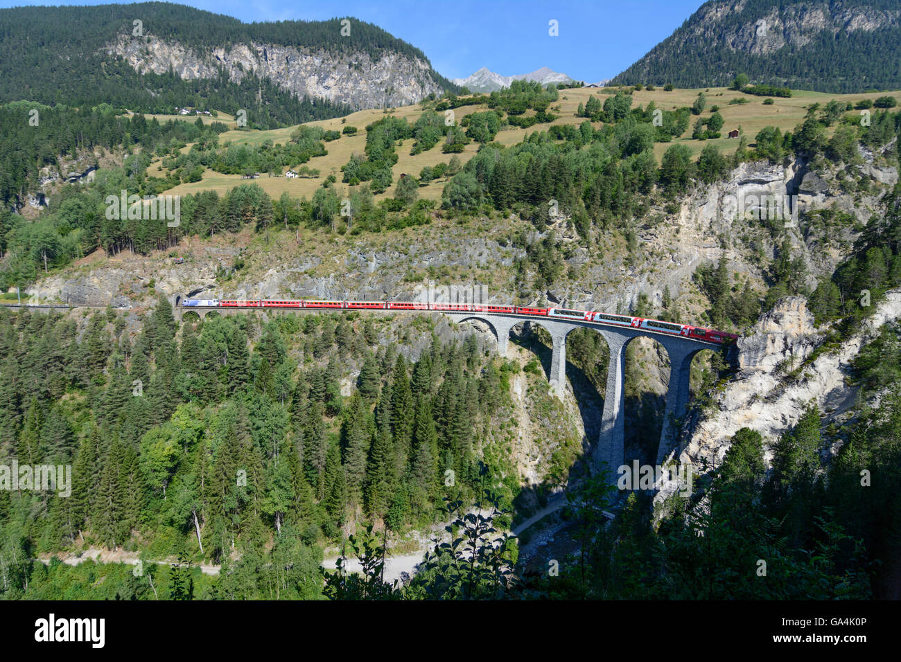 Filisur bridge Landwasserviadukt of the Albulabahn over stream ...