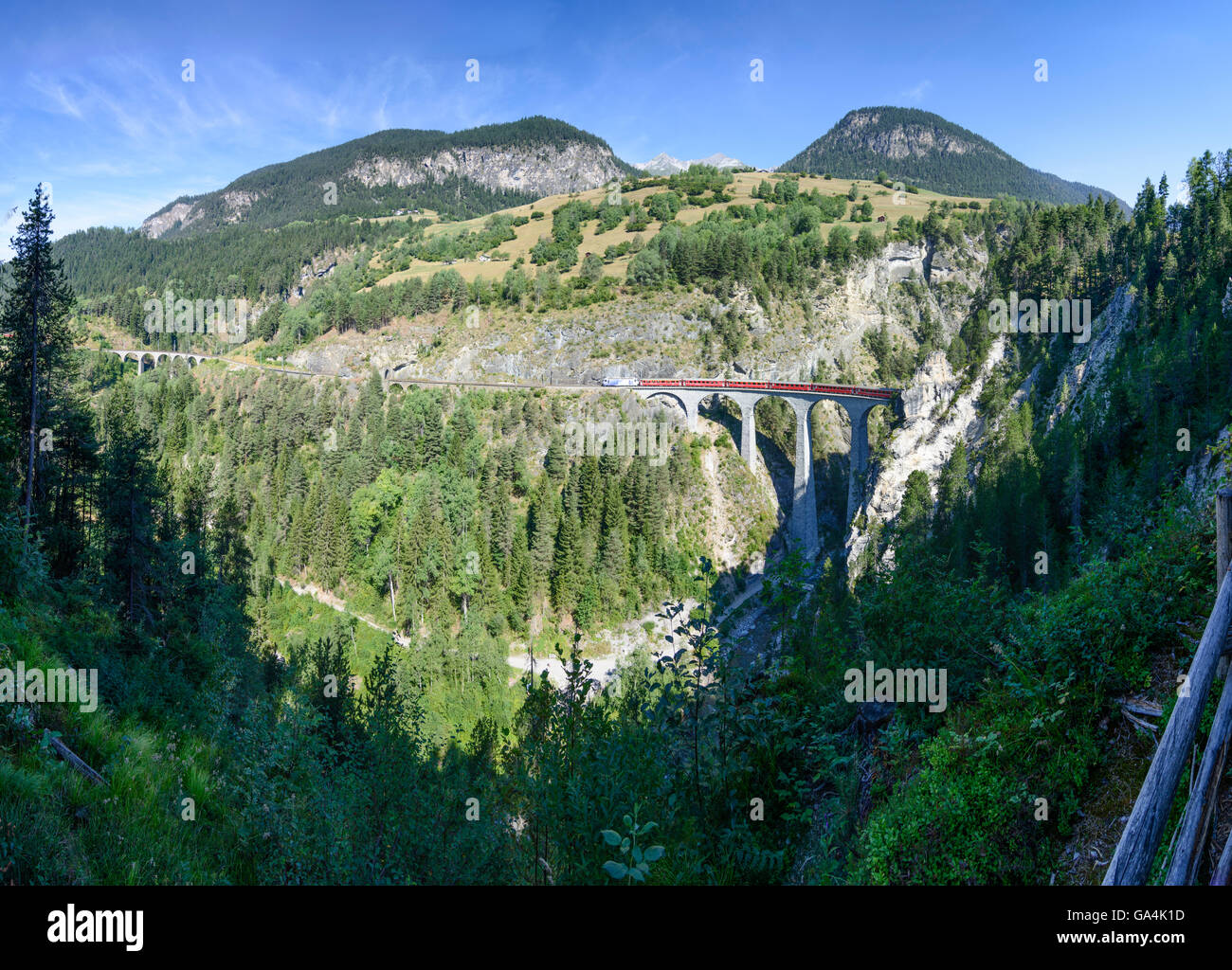 Filisur bridge Landwasserviadukt of the Albulabahn over stream ...