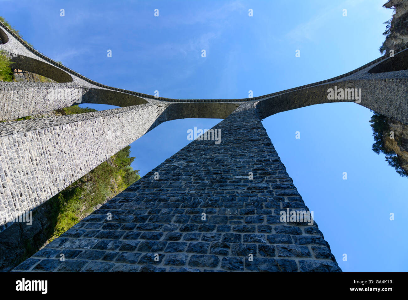 Filisur bridge Landwasserviadukt of the Albulabahn over stream ...