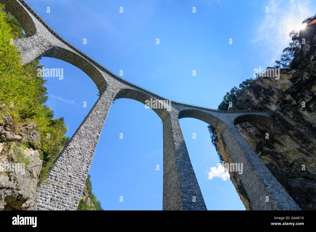 Filisur bridge Landwasserviadukt of the Albulabahn over stream ...