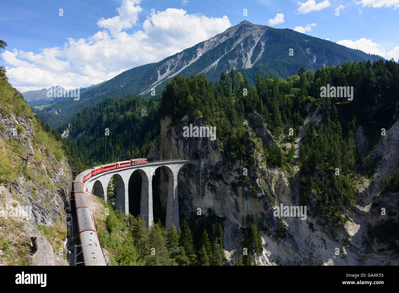 Filisur bridge Landwasserviadukt of the Albulabahn over stream ...
