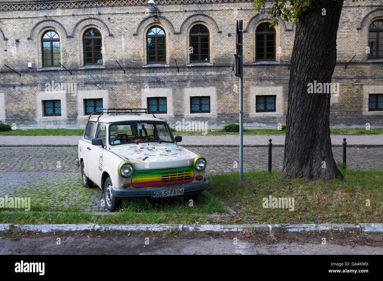 A brightly painted Trabant parked in the old suburb of Gdansk, Poland ...