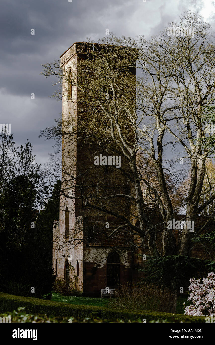 Medieval tower on dark stormy sky background, historical landmark Stock ...