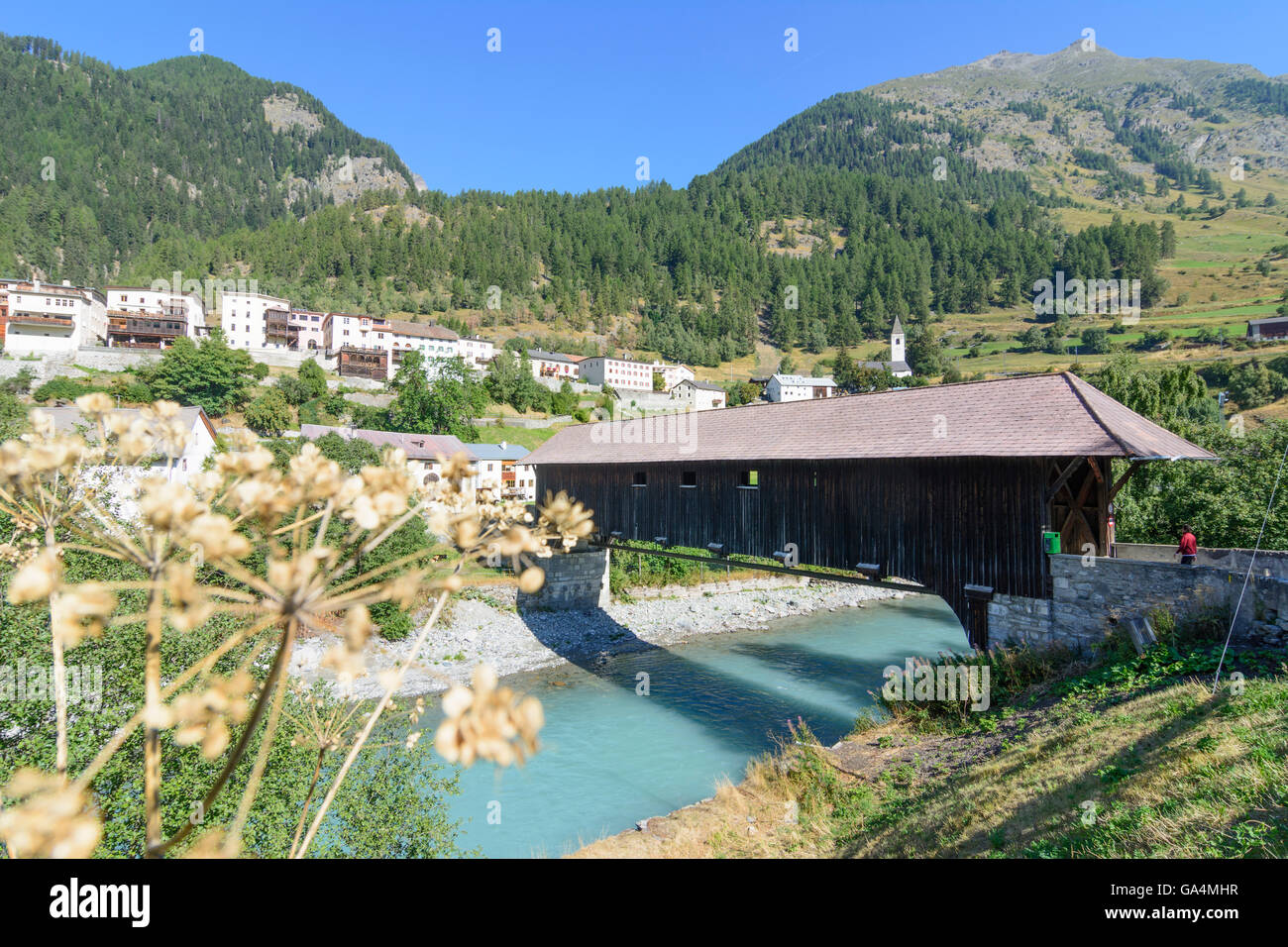 Lavin Wooden bridge over the river Inn and location Lavin Switzerland ...