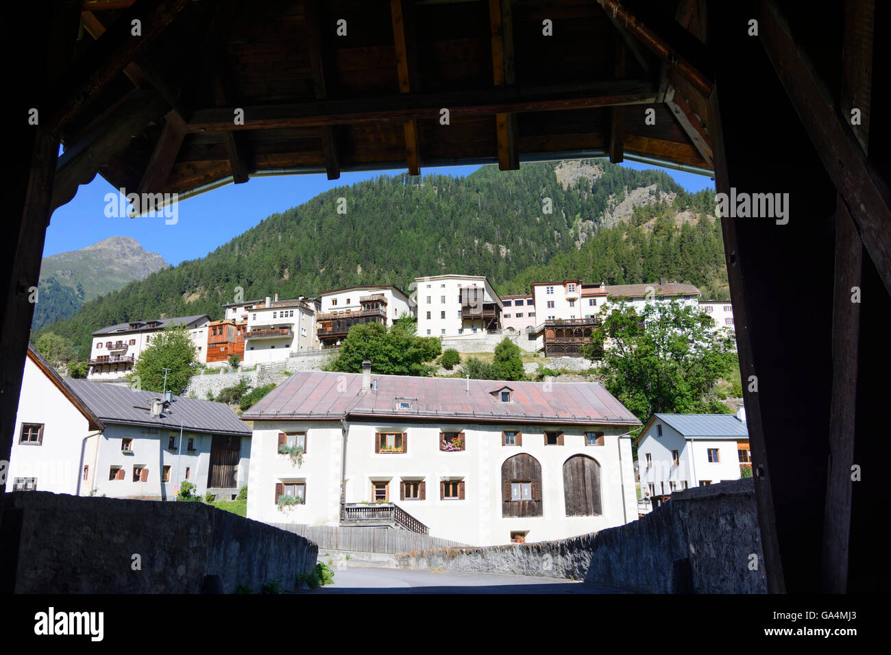 Lavin Wooden bridge over the river Inn and location Lavin Switzerland ...