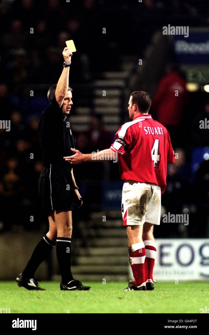 Referee Chris Foy (l) shows Charlton Athletic's Graham Stuart (r) the ...