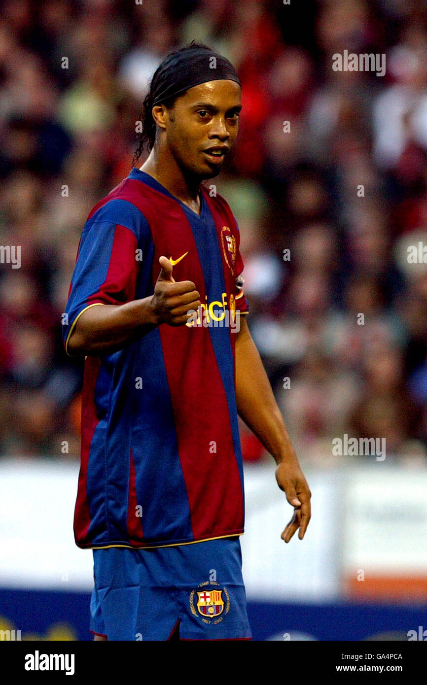 Barcelona's Ronaldinho gives a thumbs up during the pre-season friendly ...