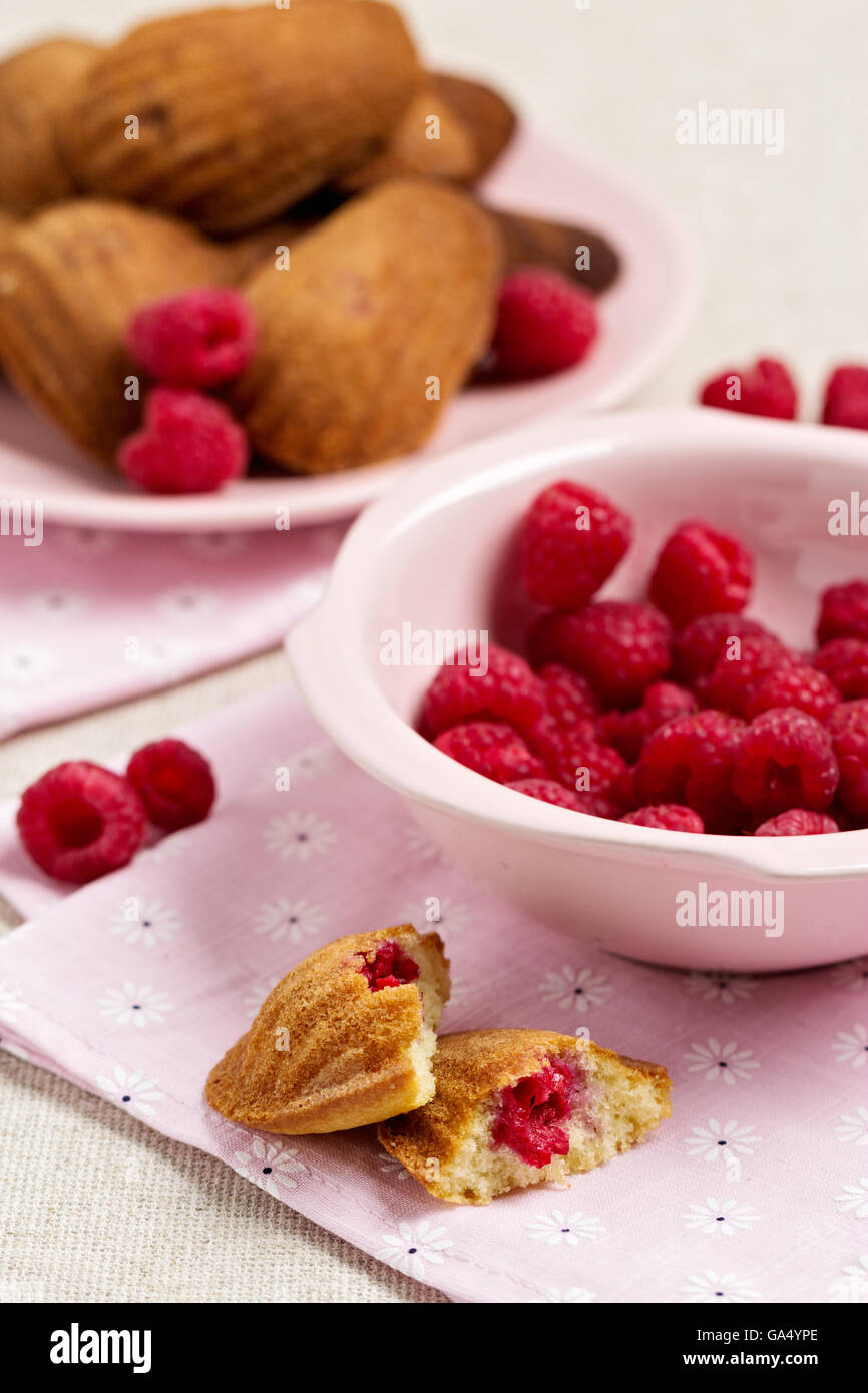 French pastry Madeleine with raspberries. Selective focus Stock Photo ...