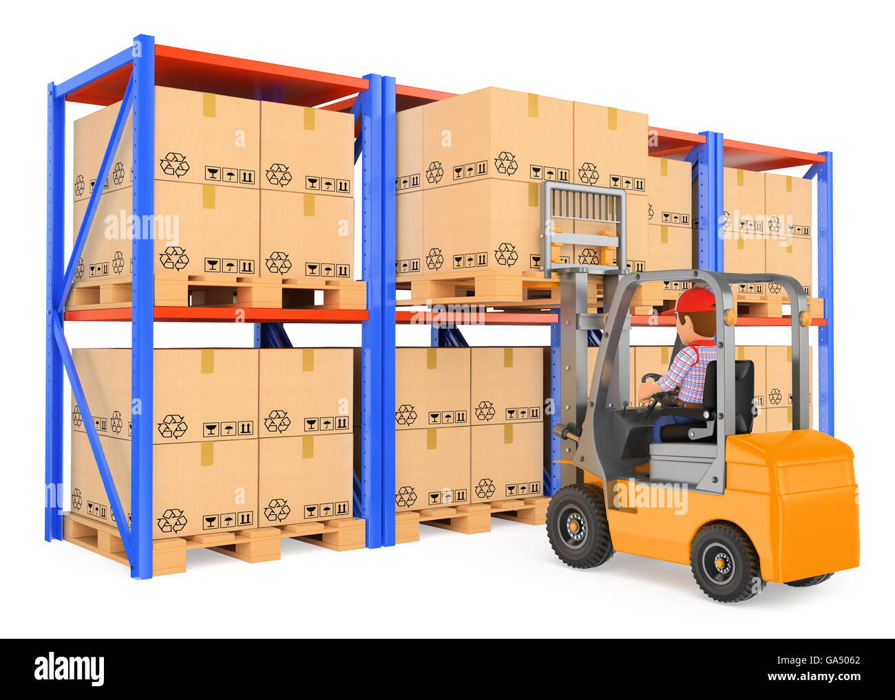 3d working people illustration. Storekeeper driving a forklift in the ...