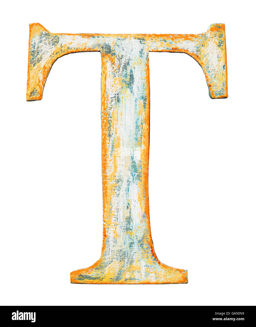 Colorful grungy handmade alphabet letter T. Made of wood covered with ...