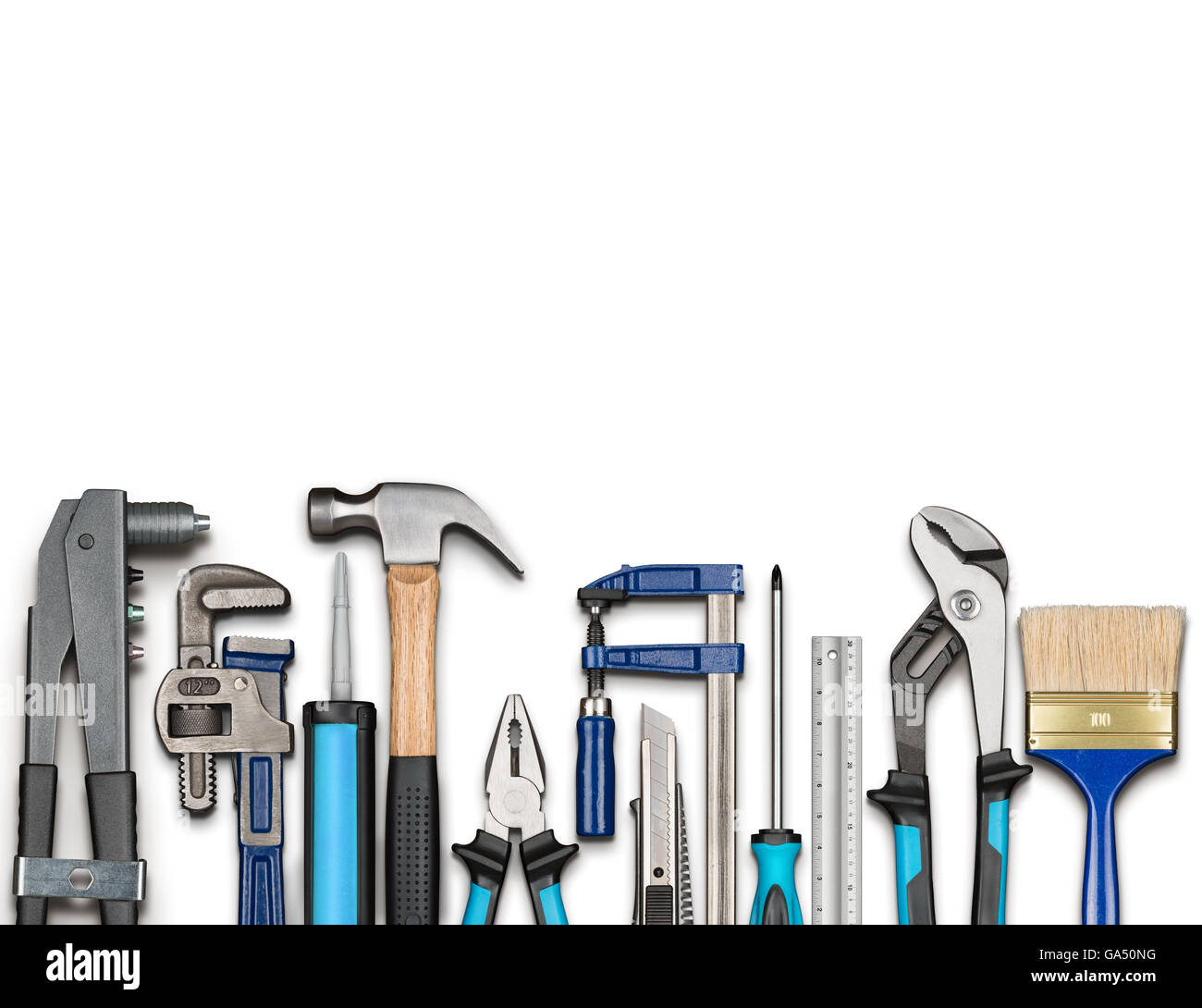 Various carpentry, repairing, DIY tools on white background Stock Photo ...