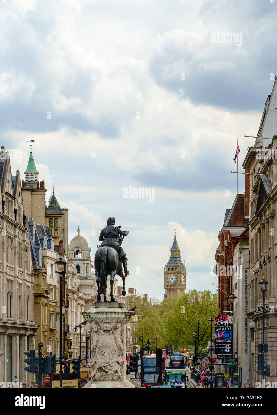 The bronze statue of King Charles I, on his horse, looking down ...