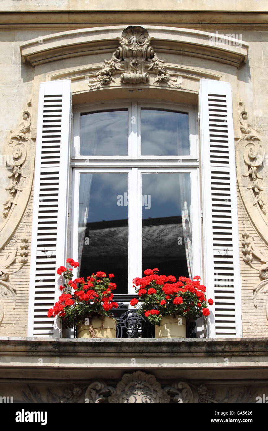 Renaissance window with red flowers Stock Photo - Alamy