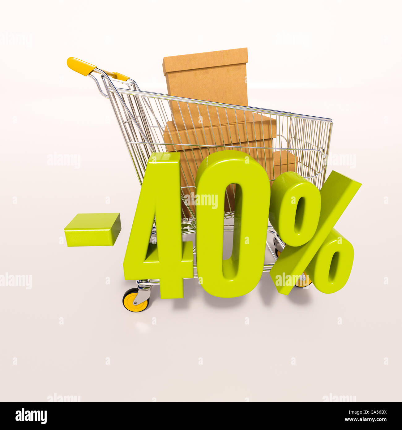 3d render: shopping cart and green 40 percentage discount sign on white ...