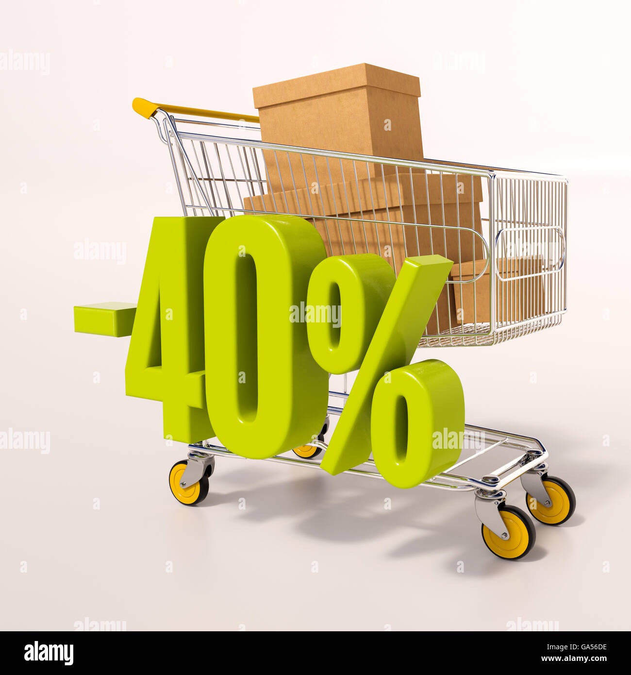 3d render: shopping cart and green 40 percentage discount sign on white ...