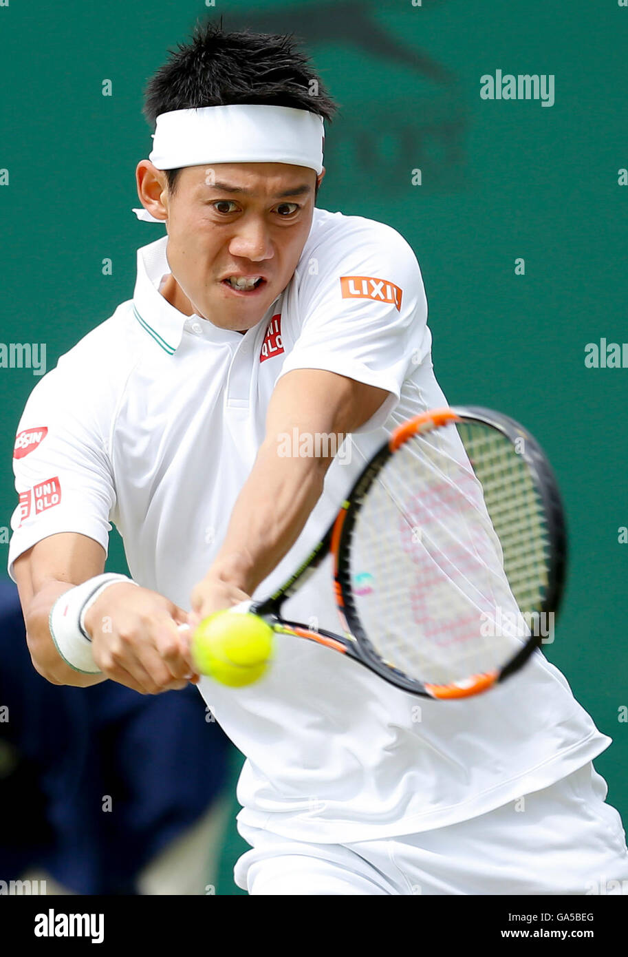London, Britain. 2nd July, 2016. Kei Nishikori of Japan hits a return ...