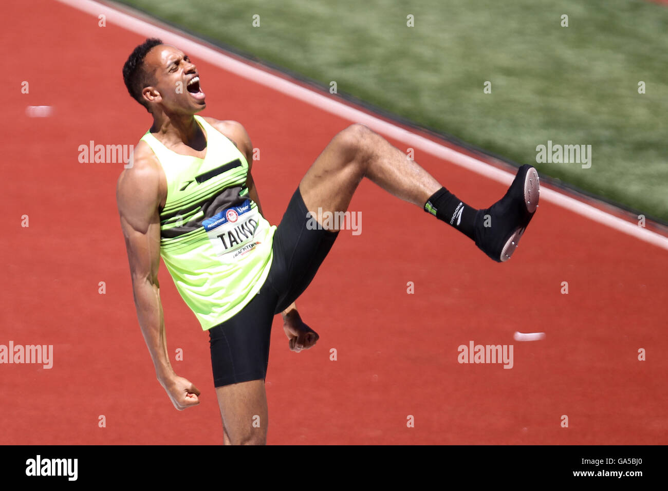 Eugene, Oregon, UK. 2nd July, 2016. JEREMY TAIWO celebrates a clearance ...