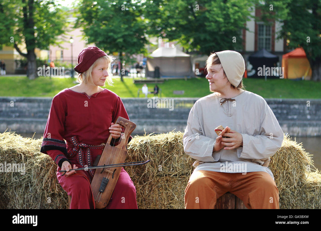 Turku, Finland. 1st July, 2016. Musicians dressed in medieval costumes ...