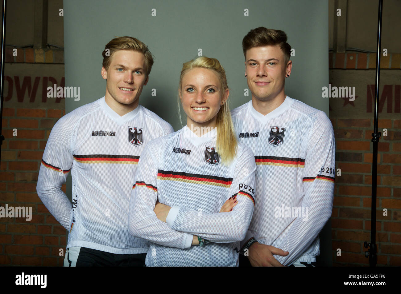 The BMX riders Luis Brethauer (l-r), Nadja Pries and Julian Schmidt ...