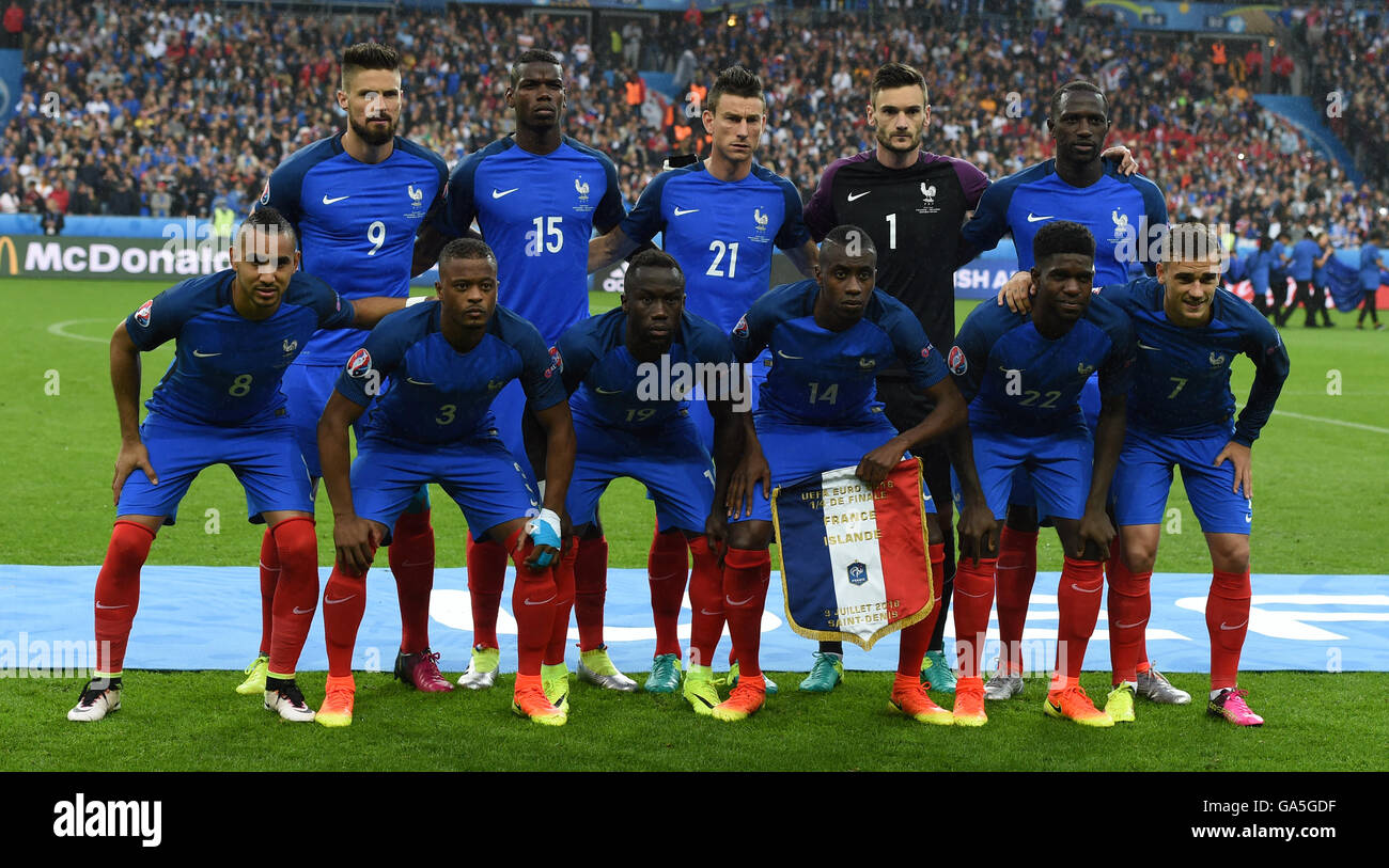 Paris, France, 3rd July, 2016. Players of France line up before the ...