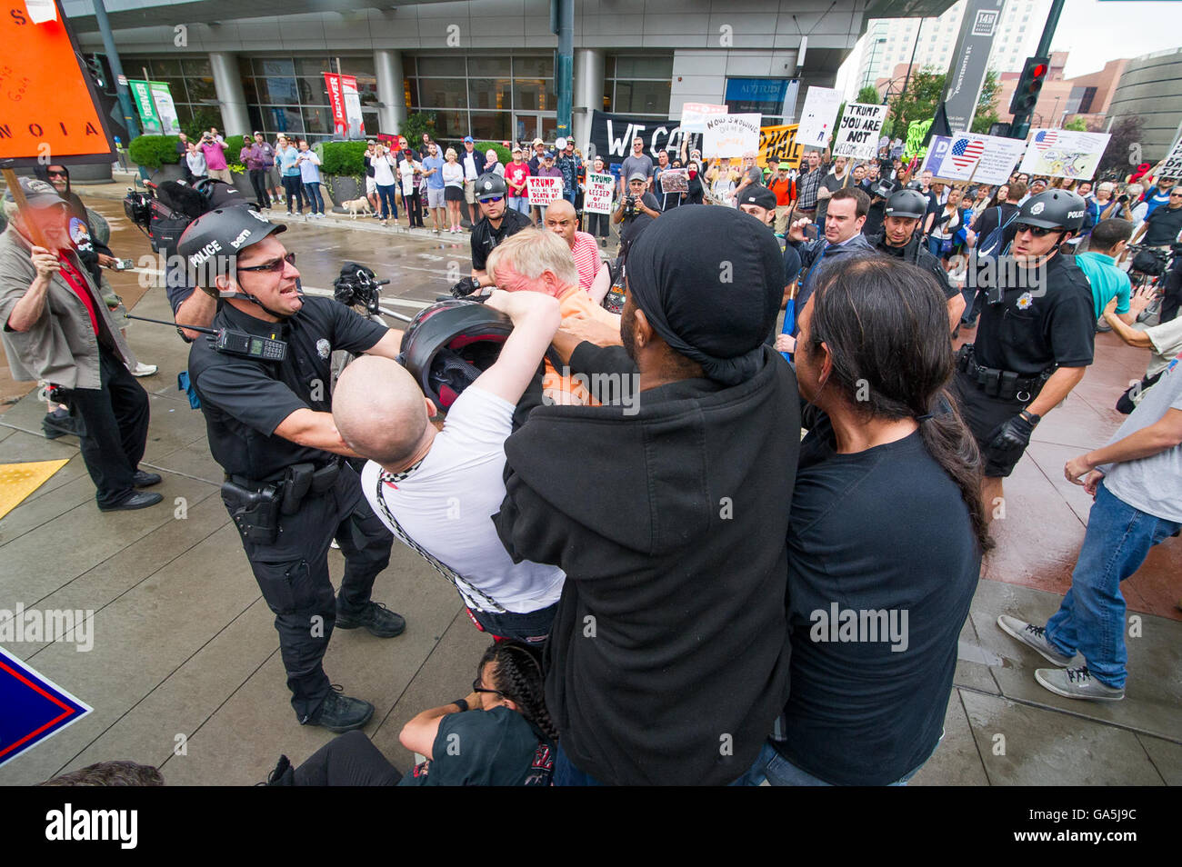 Denver, Colorado, USA. 1st July, 2016. Anti and Pro-Trump protestors ...