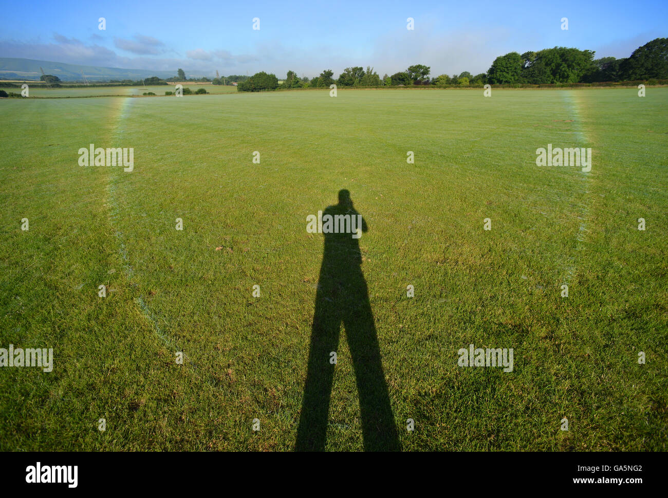 Sussex, UK. July 4th 2016. Dew covered cobwebs on a turf field in Ripe ...