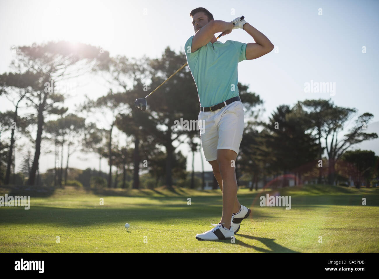 Full length of handsome golfer man taking shot Stock Photo - Alamy