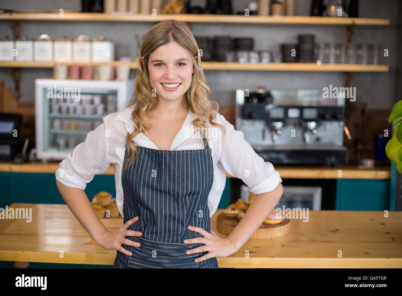 Portrait of smiling waitress standing with hands on hip Stock Photo - Alamy