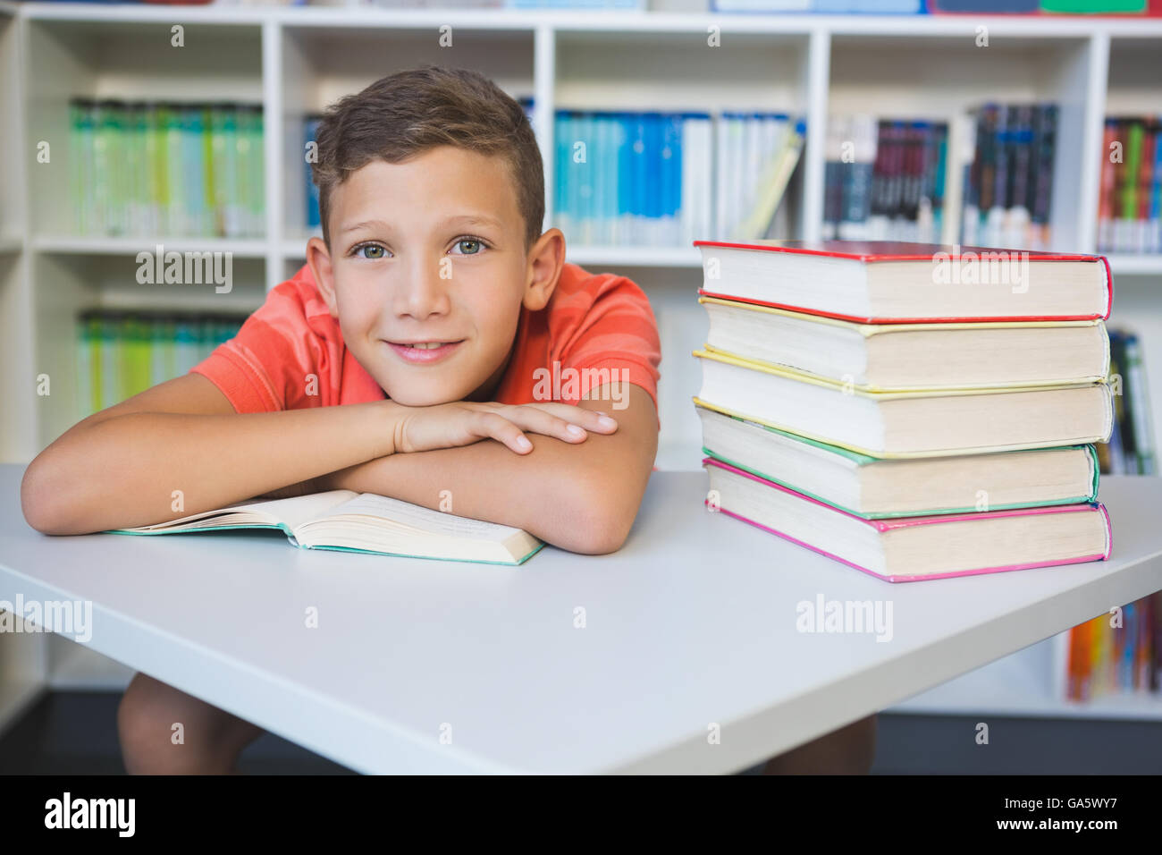 Portrait of schoolboy leaning on a book in library Stock Photo - Alamy