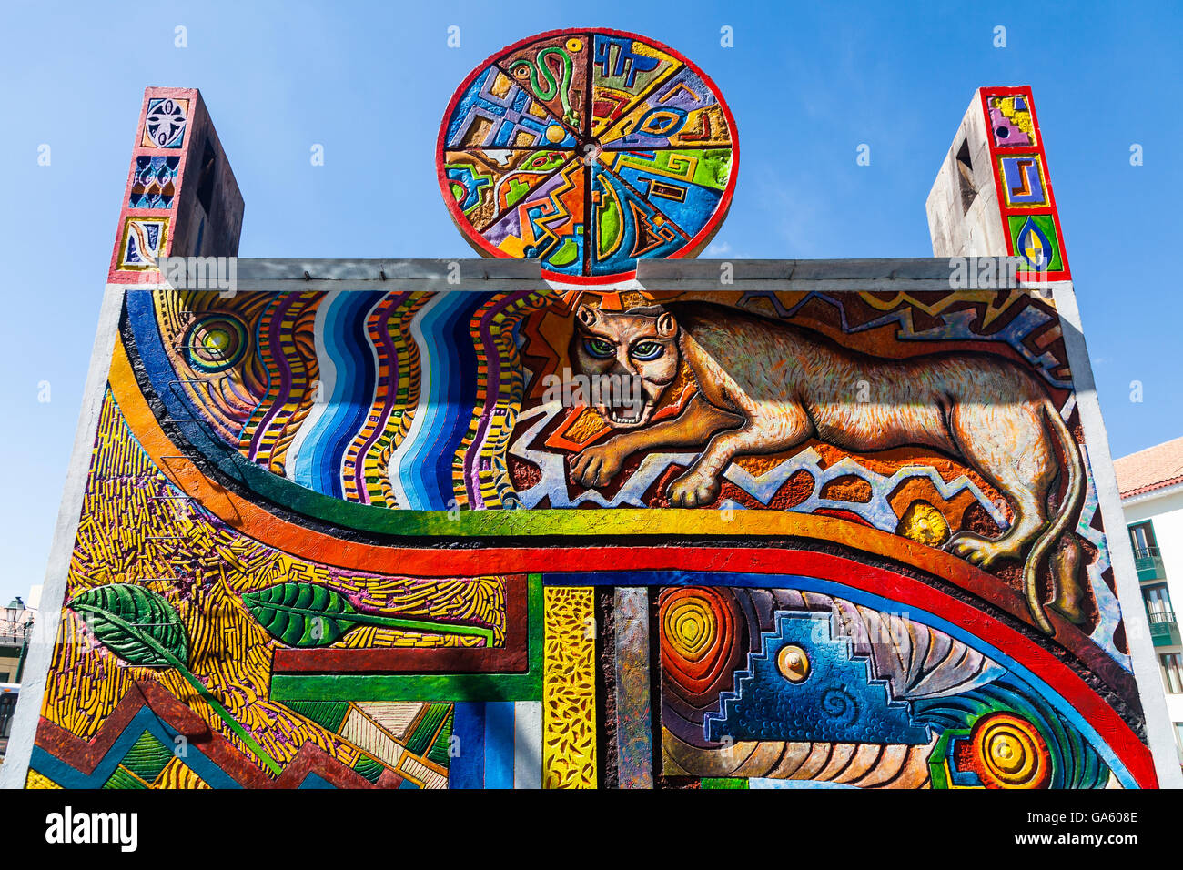 Colourful monument with Incan art at the intersection of Avenue El Sol ...