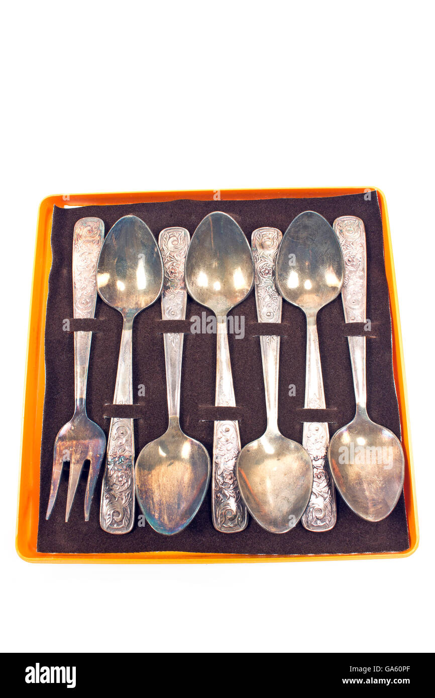 Vintage silver tea spoons in box isolated on white Stock Photo - Alamy