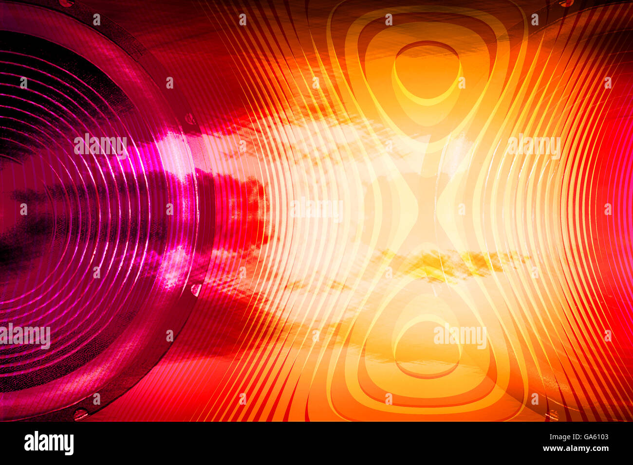 Red and yellow audio speaker and soundwaves background Stock Photo - Alamy