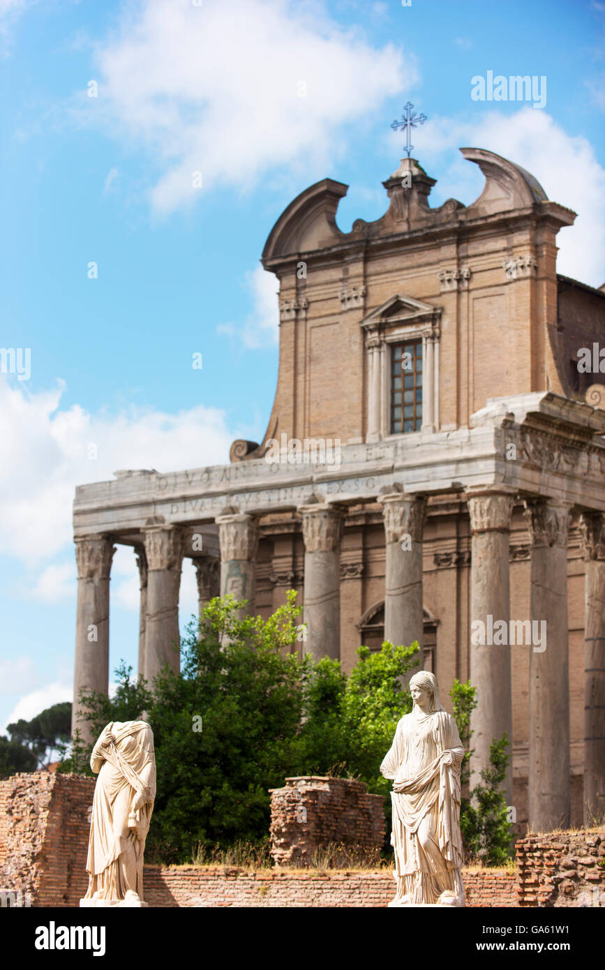 Temple of Antoninus and Faustina in the Roman Forum. Statues of the ...