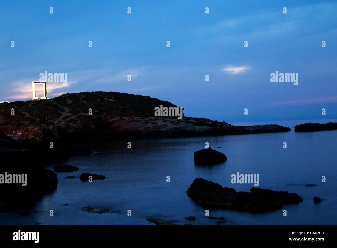 Night view of ruins of ancient temple of Delian Apollo on Naxos island ...
