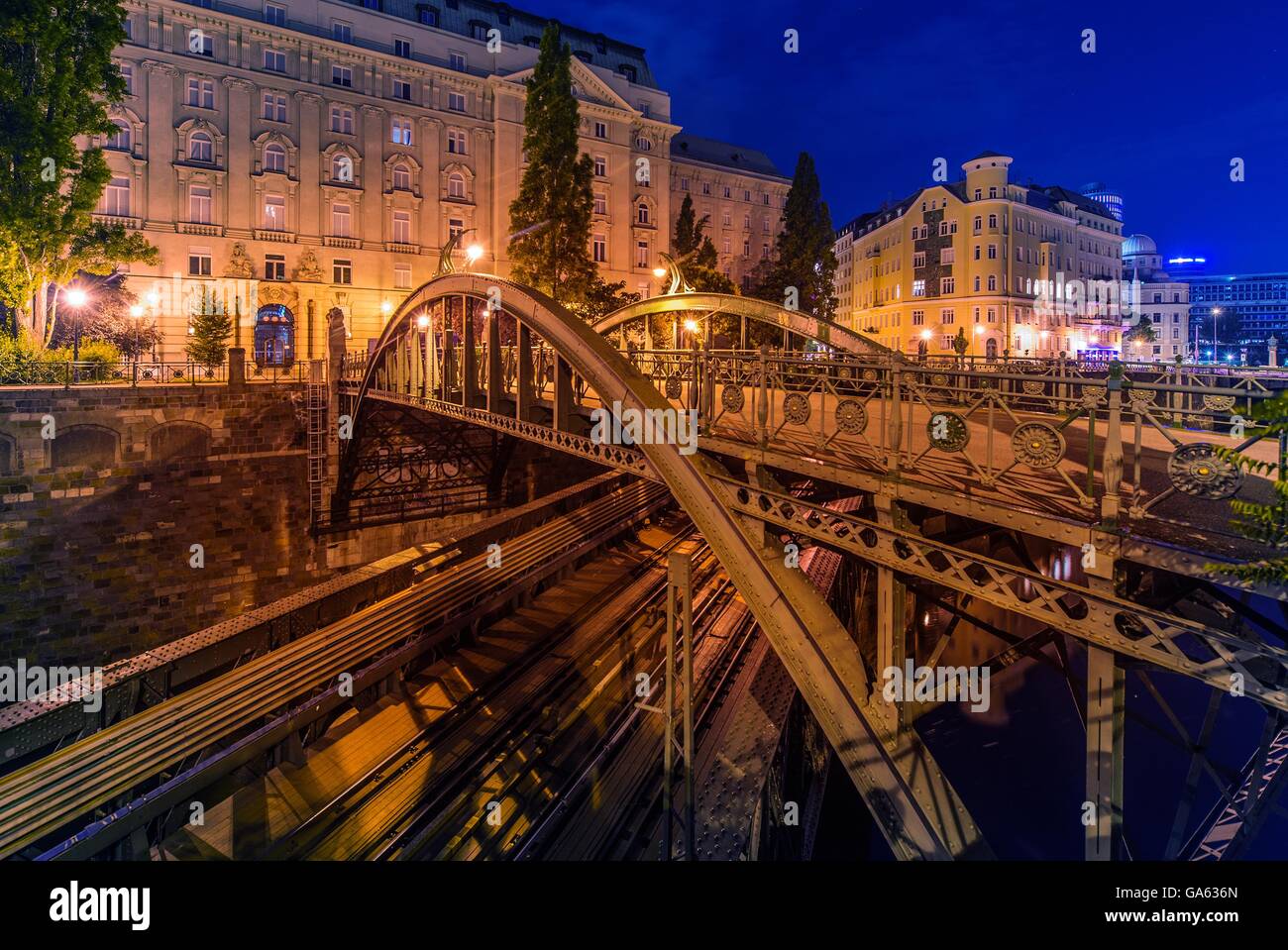 Vienna Austria Architecture at Night. City Train Bridge and the Canal ...