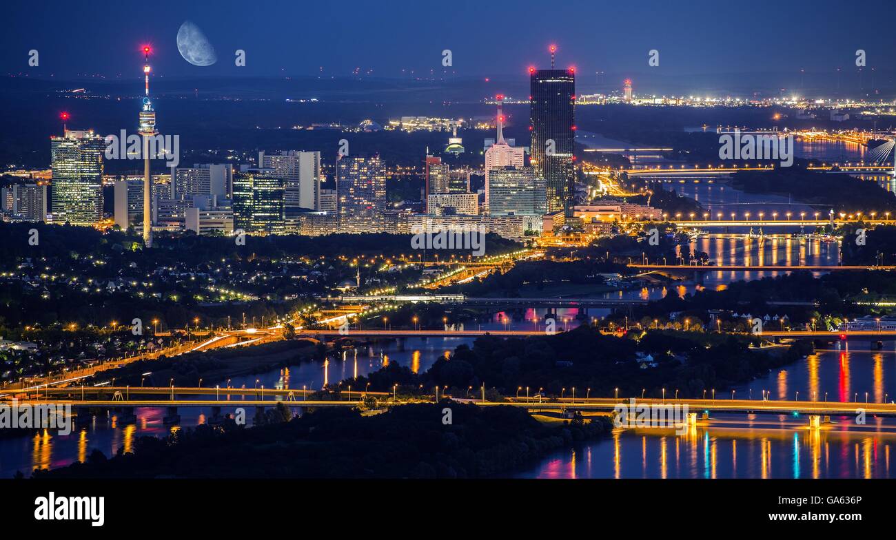 Vienna Austria City Skyline at Night. Danube River Bridges and ...