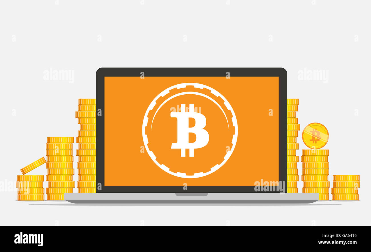 Flat bitcoin mining equipment. Golden coin in computer concept Stock ...