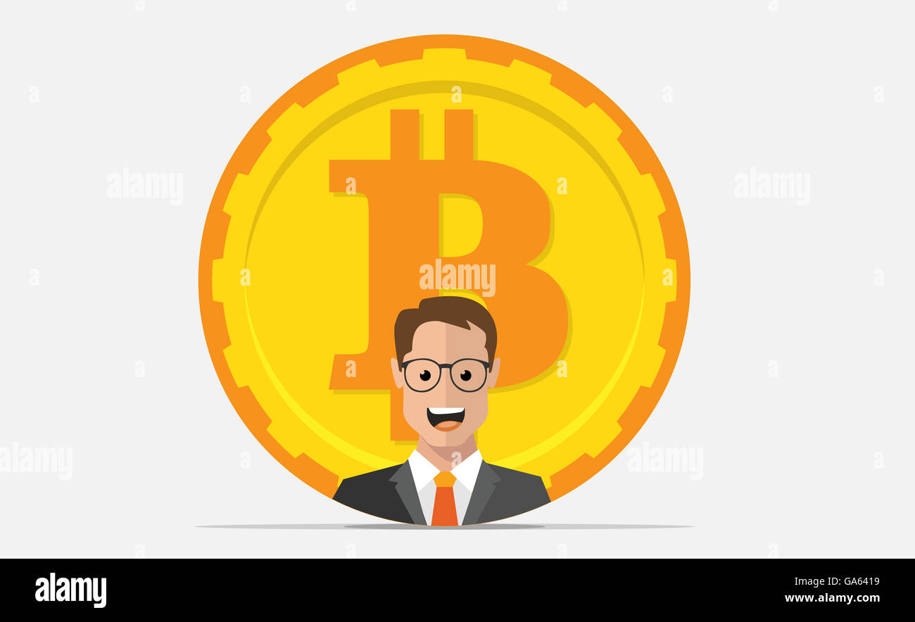 Flat bitcoin icon and businessman. Golden coin with man Stock Photo - Alamy