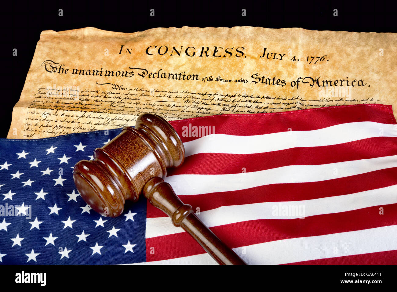 Declaration of Independence with American flag and wooden gavel Stock ...