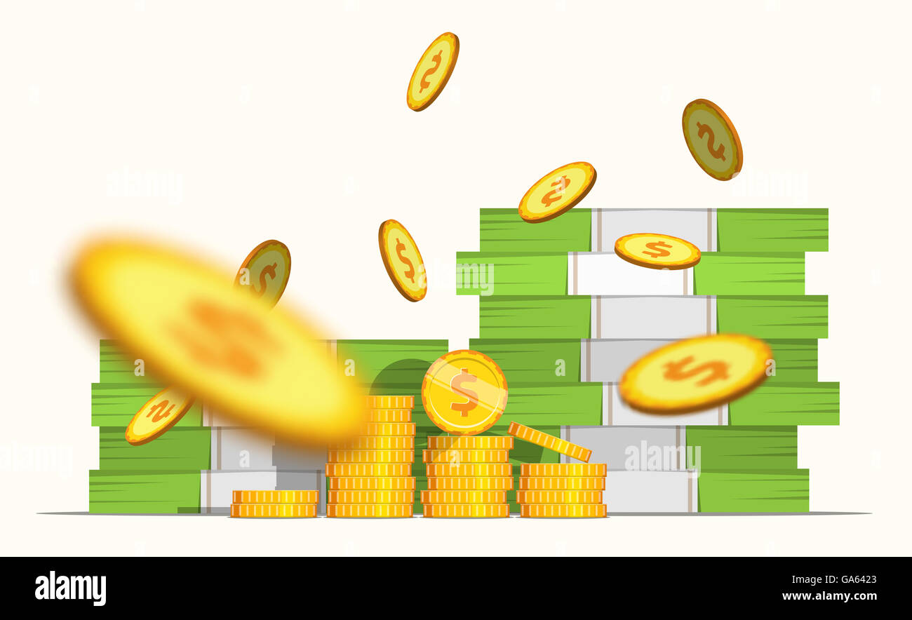 Stack pile of cash money banknotes and some blur gold coins. Coin Falls ...