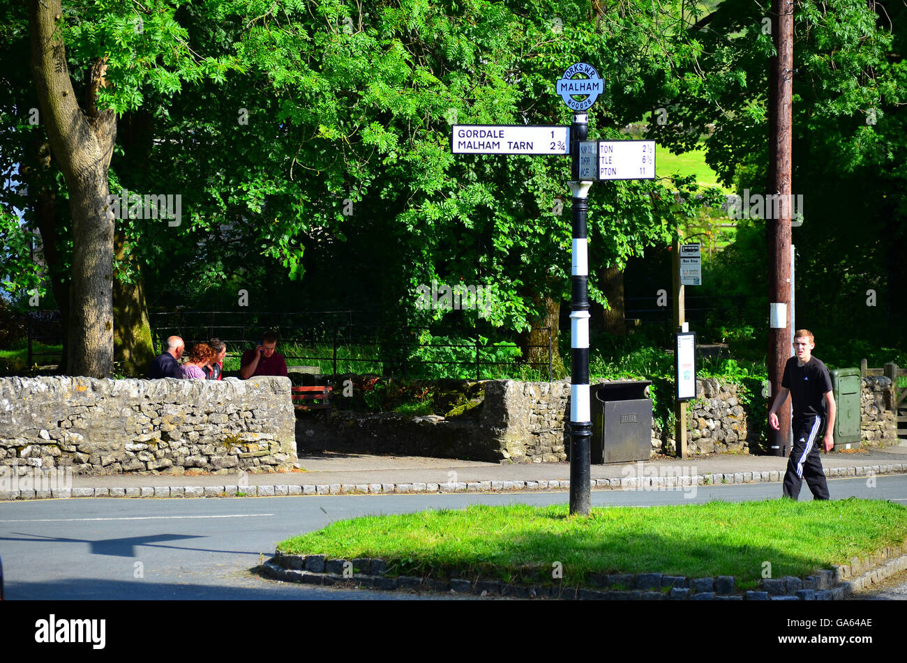 Traditional old Road sign in Malham Cove, Yorkshire Dales National Park ...