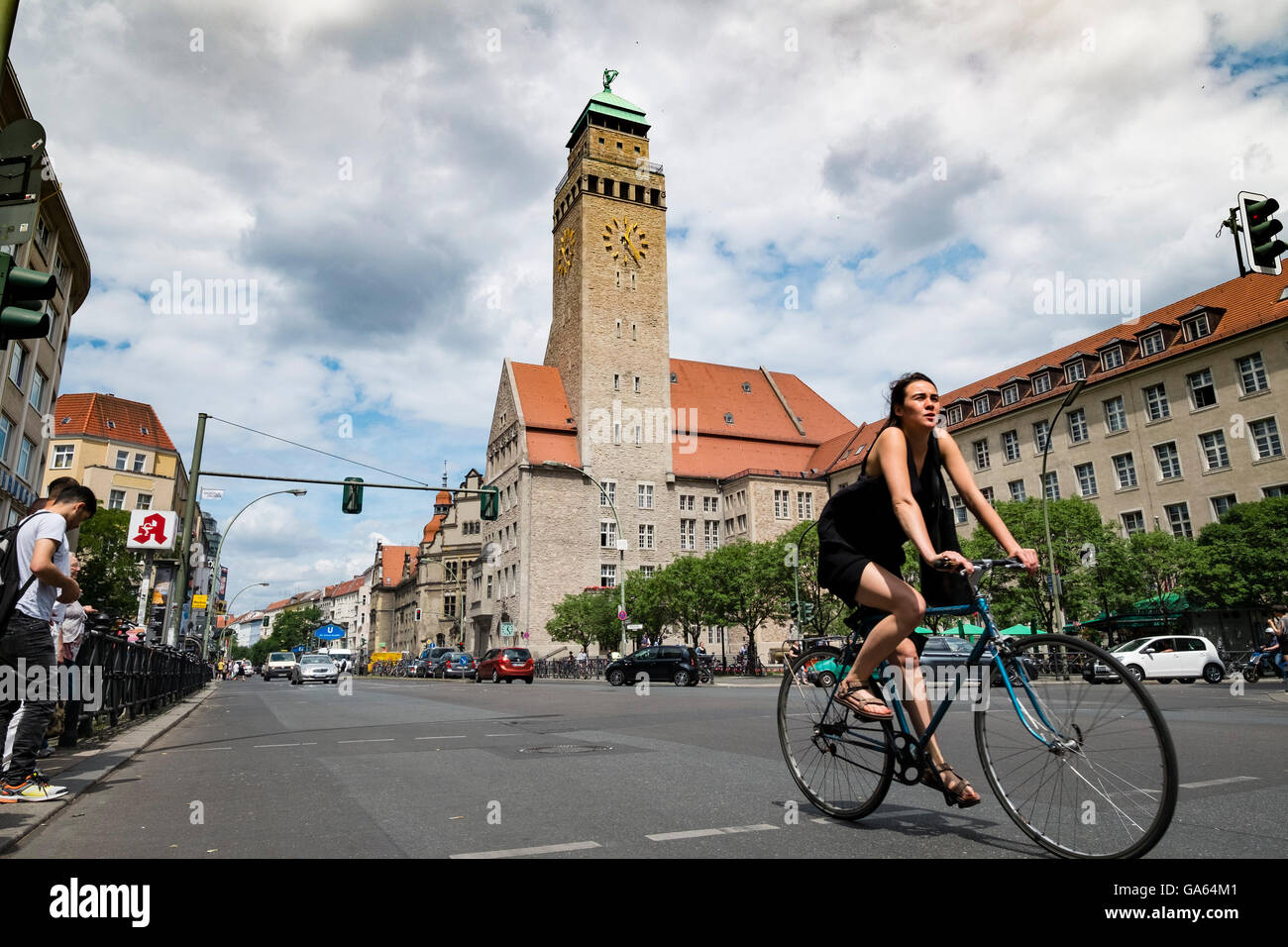 View along Karl Marx Strasse towards Rathaus or town hall in Neukolln ...