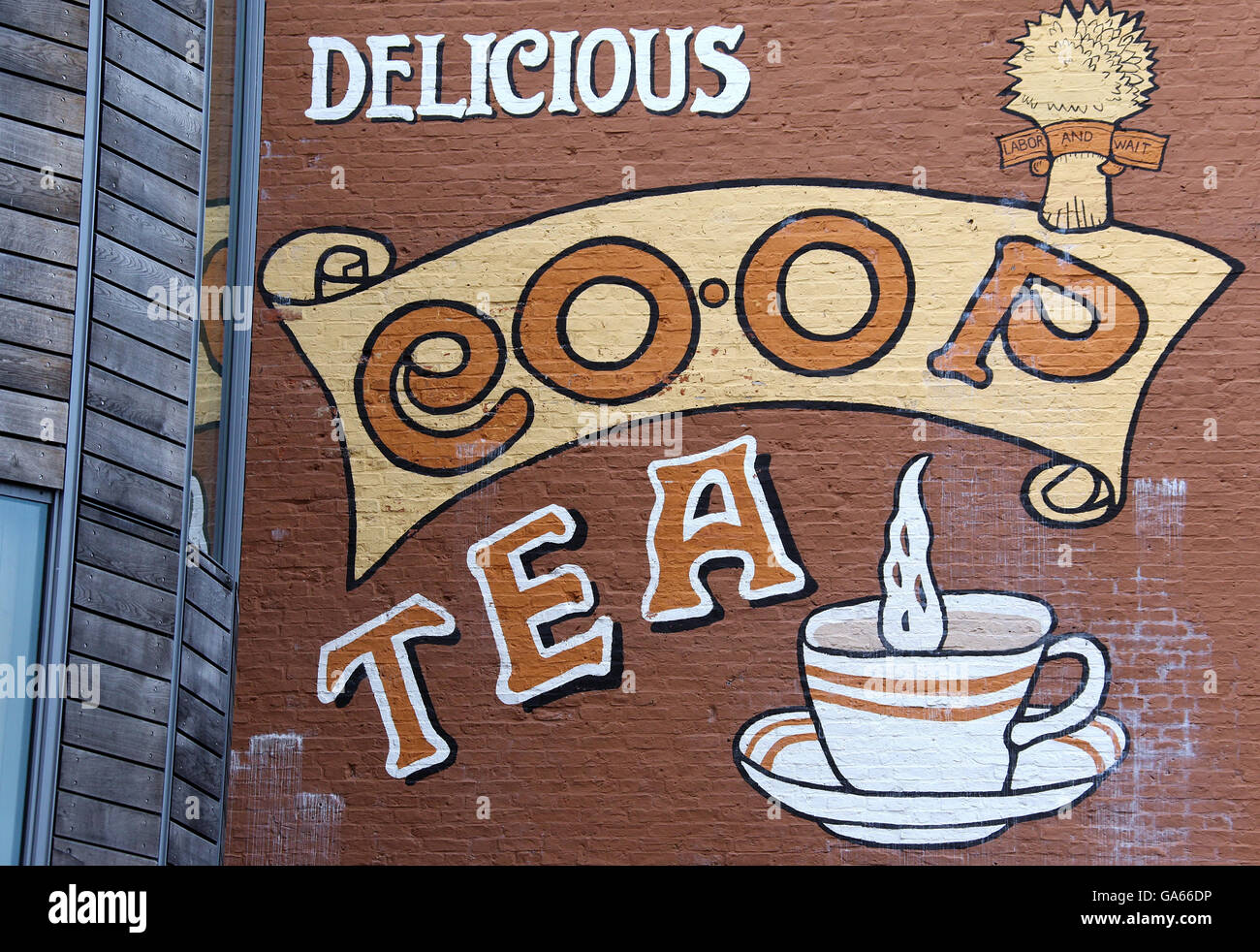 Mural on the Pioneers Museum building.at Toad Lane in Rochdale Stock ...