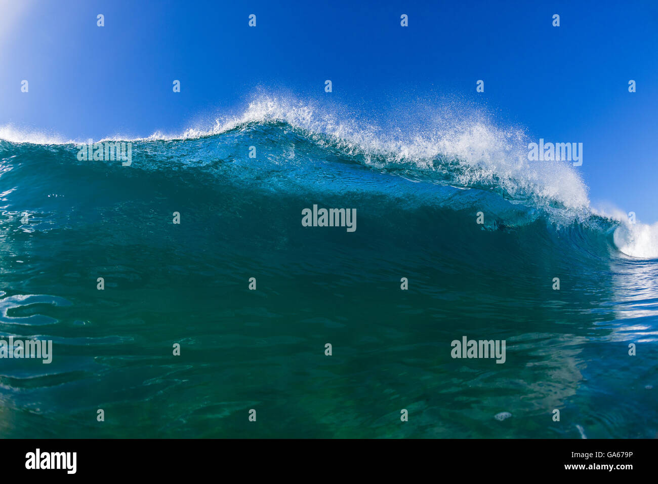 Blue ocean wave swimming inside closeup encounter face to face of ...